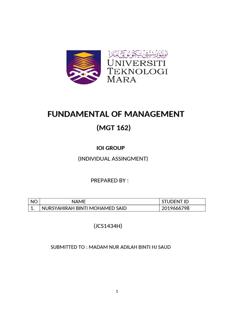 MGT 162 Individual Assingment - Ioi Group | PDF | Agriculture | Governance