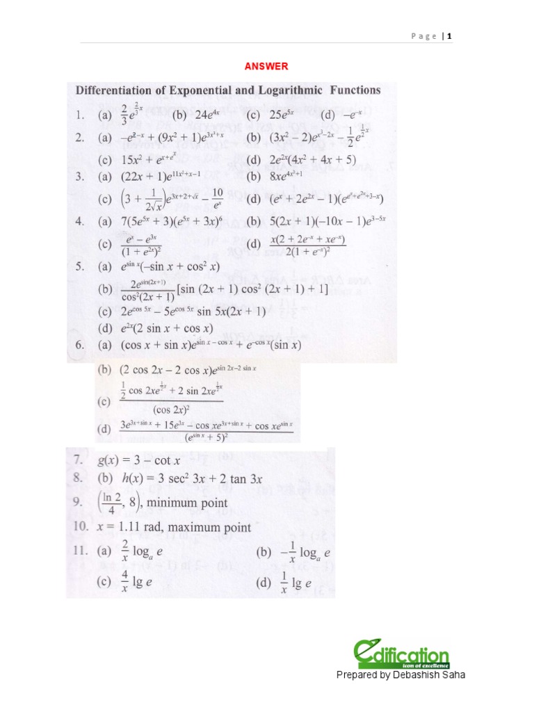 Answer Worksheet On Differentiation of Exponential and Logarithmic ...