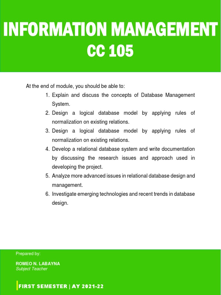 Information Management - Module - Unit II | PDF | Databases ...