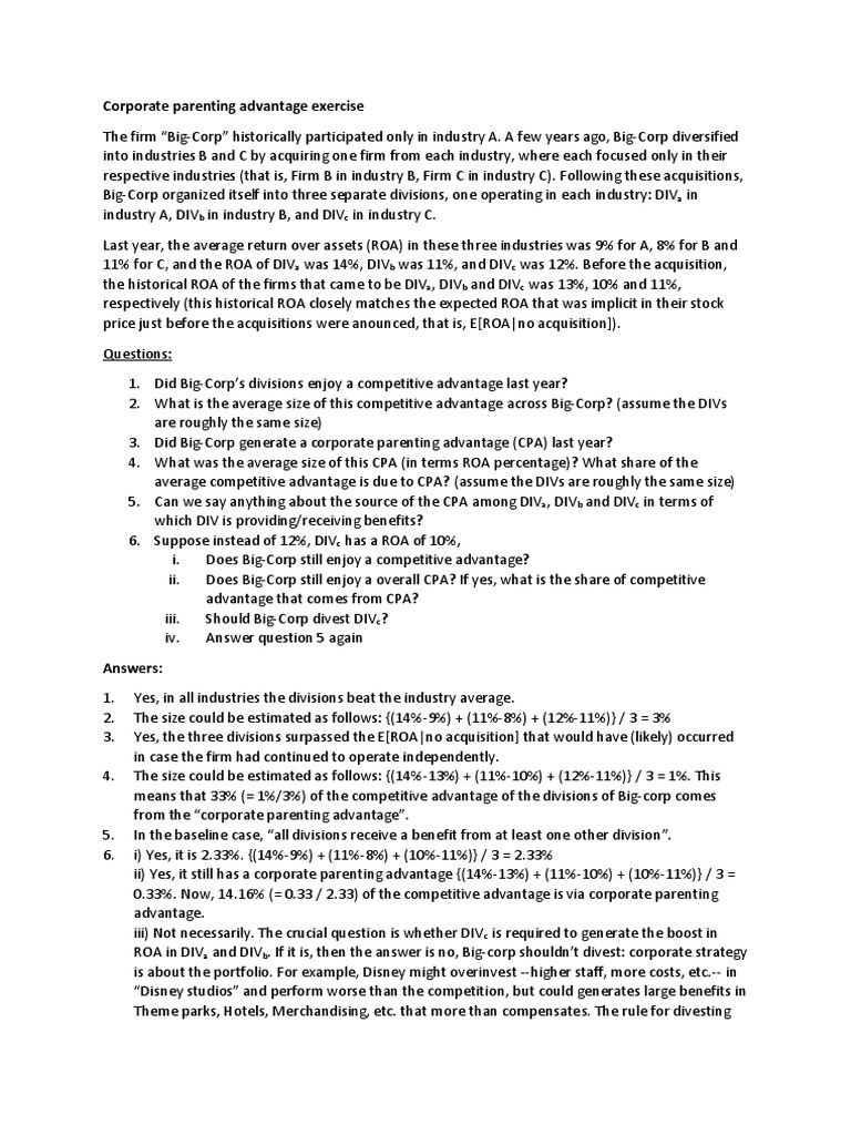 Corporate Parent Advantage Exercise - With Answers | PDF | Competitive ...