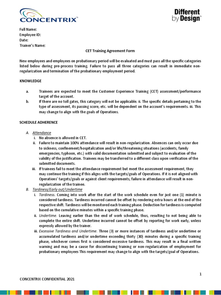 CET Training Agreement Form: A. Attendance | PDF | Business