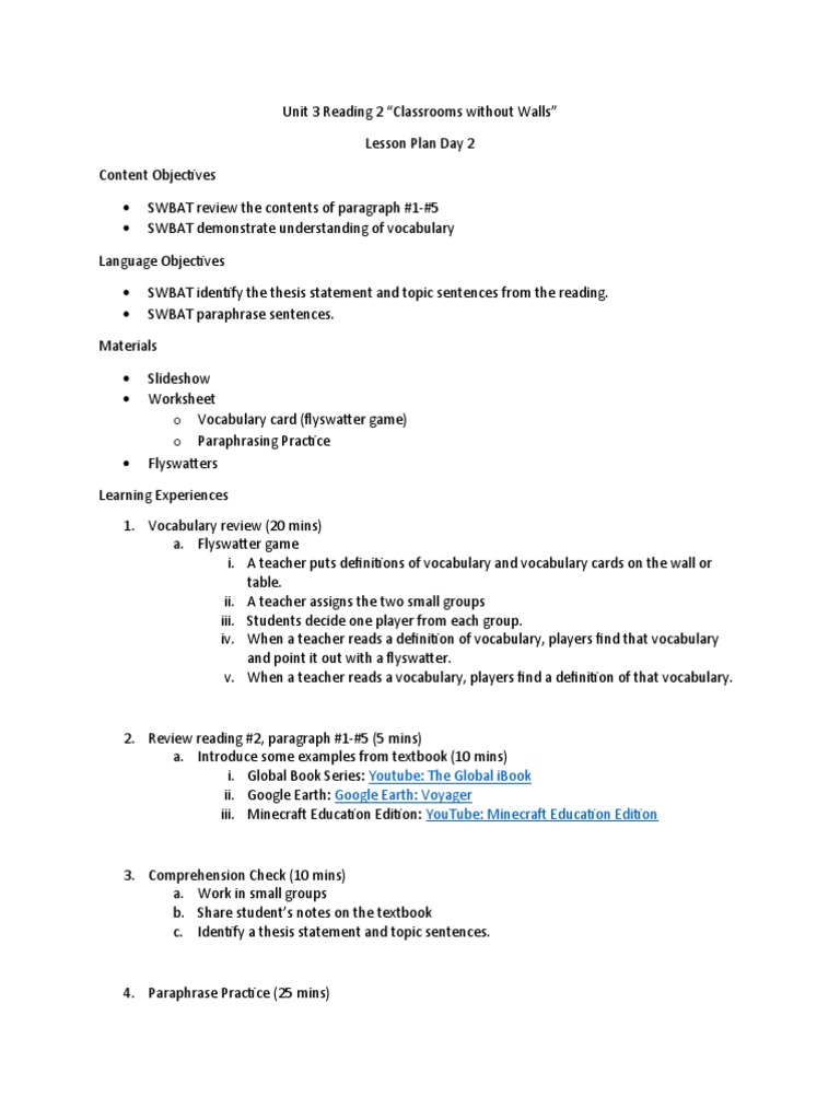 Lesson Plan-Unit 3 Reading 2 Day 2 | PDF | Vocabulary | Reading Comprehension