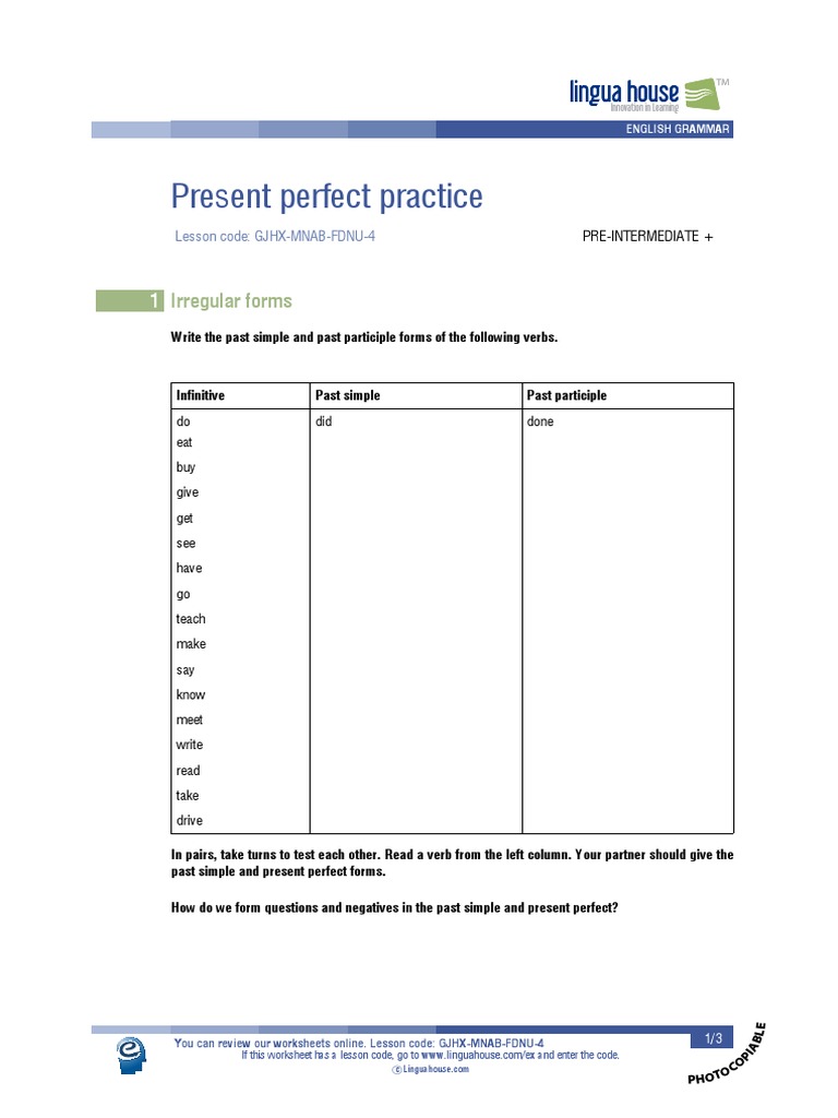 B1 - Present Perfect Practice | PDF | English Grammar | Perfect (Grammar)