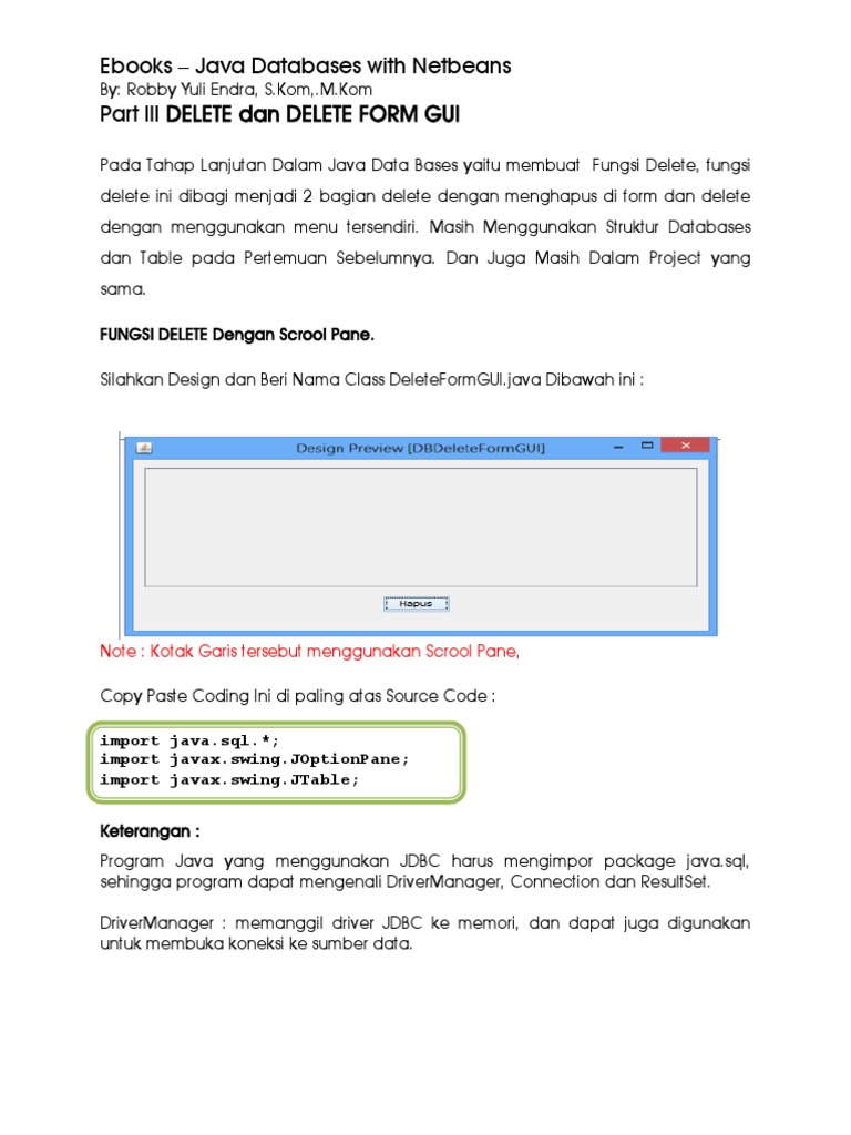 Part 3 GUI Databases Delete Data Jtabel Java | PDF