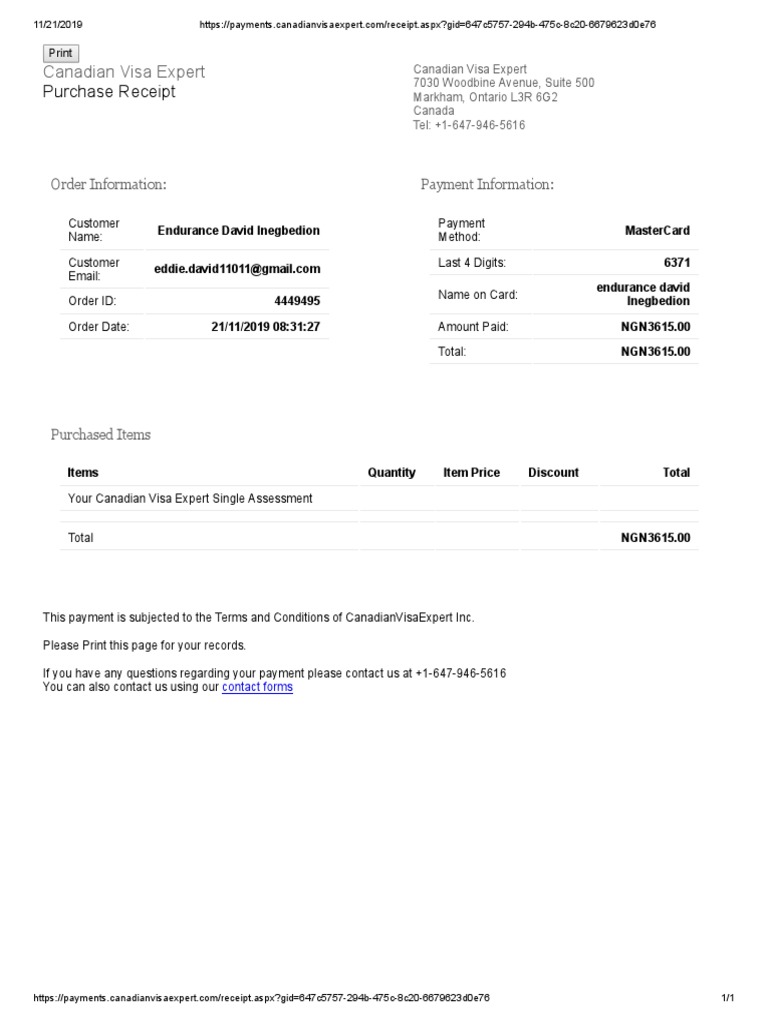 Canadian Visa Receipt | PDF | Receipt | Visa Inc.