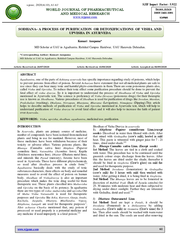 Sodhana-A Process of Purification or Detoxifications of Visha and ...