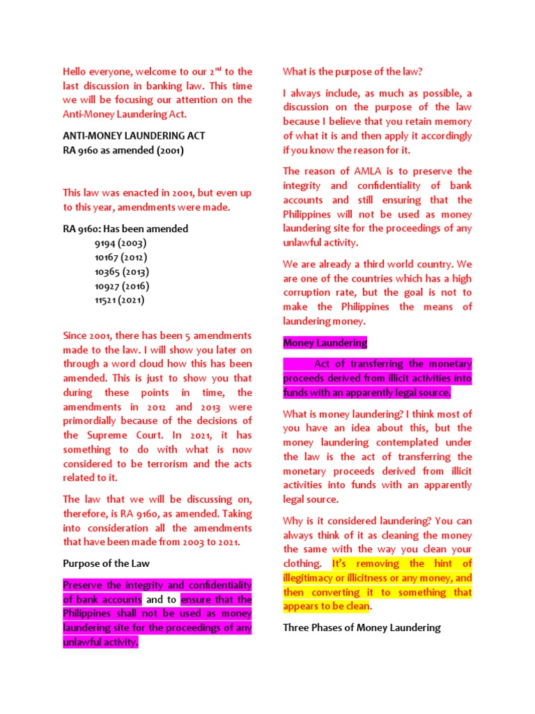 Anti-Money Laundering Act RA 9160 As Amended (2001) | PDF | Money ...