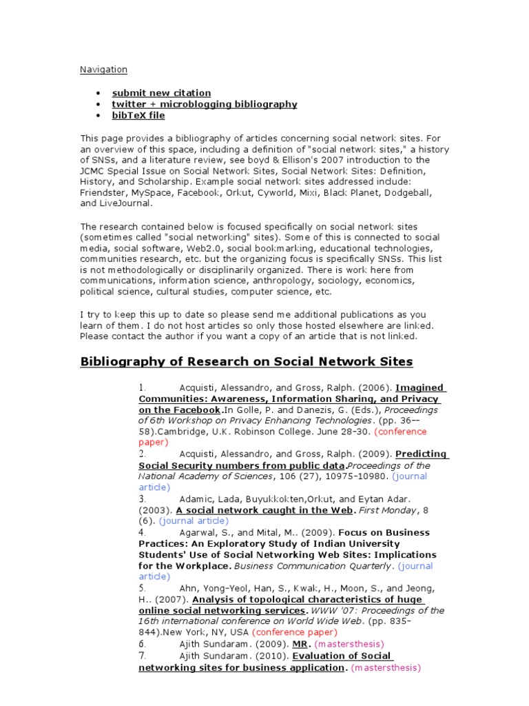 Bibliography of Research On Social Network Sites | PDF | Social ...