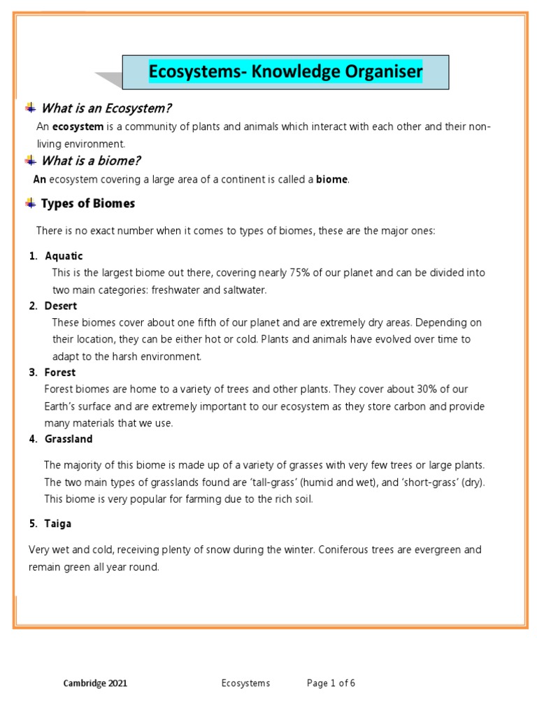 Ecosystems-Knowledge Organiser: What Is An Ecosystem? What Is A Biome ...