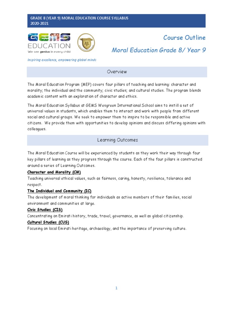 Grade 8 Moral Education Syllabus | PDF | Prejudices | Morality