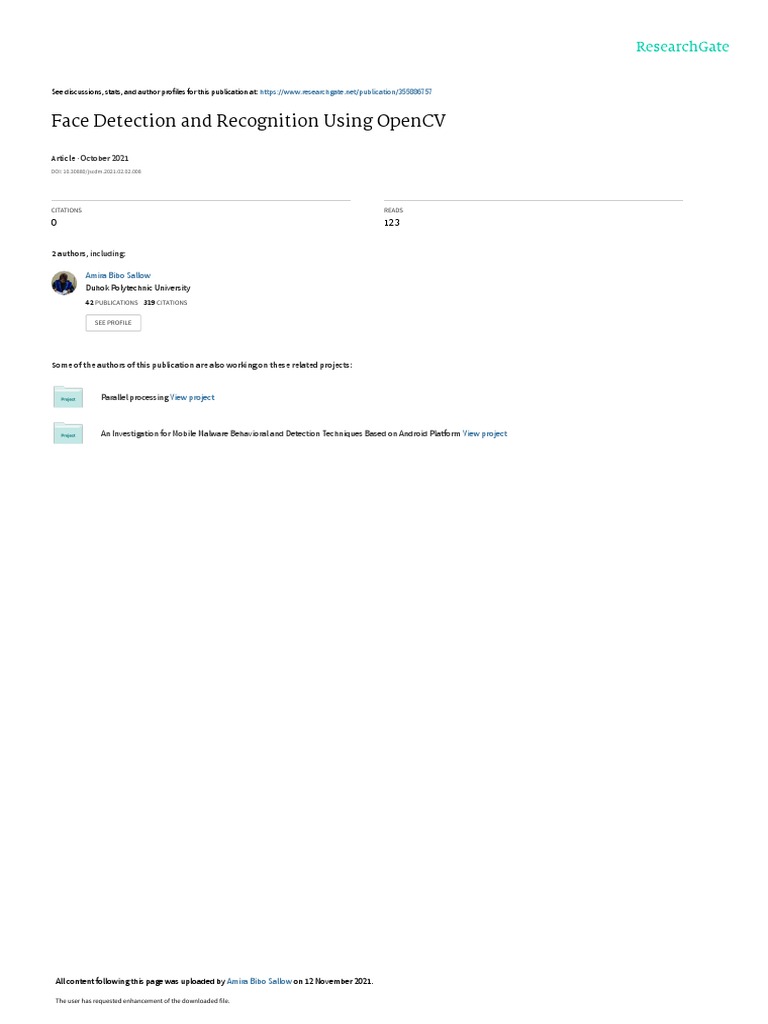 Face Detection and Recognition Using Opencv: October 2021 | PDF