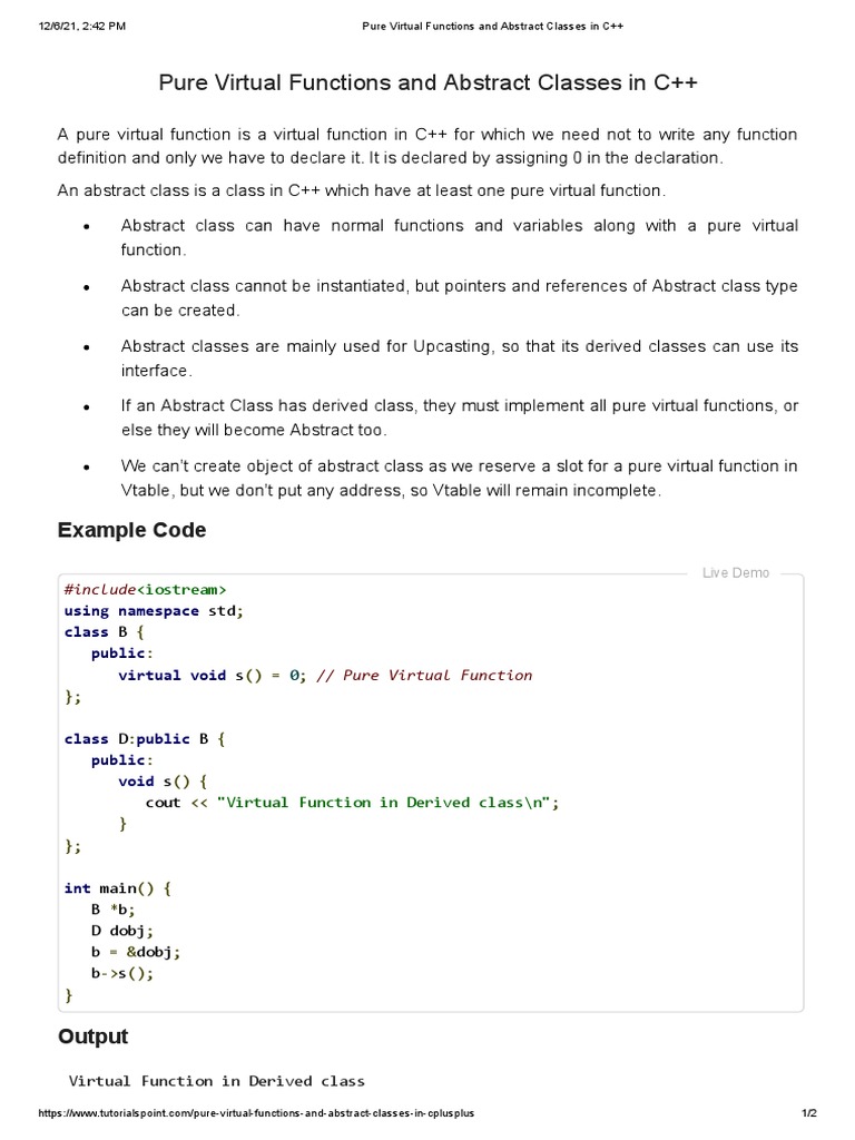 Pure Virtual Functions and Abstract Classes in C++ | PDF
