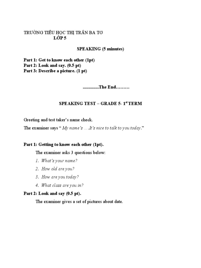 Speaking Test Format for Grade 5 | PDF
