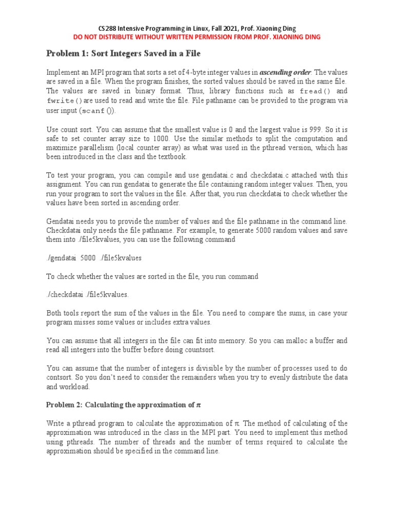 Problem 1: Sort Integers Saved in A File: Do Not Distribute Without ...