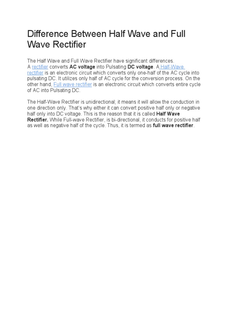 Difference Between Half Wave and Full Wave Rectifier | PDF