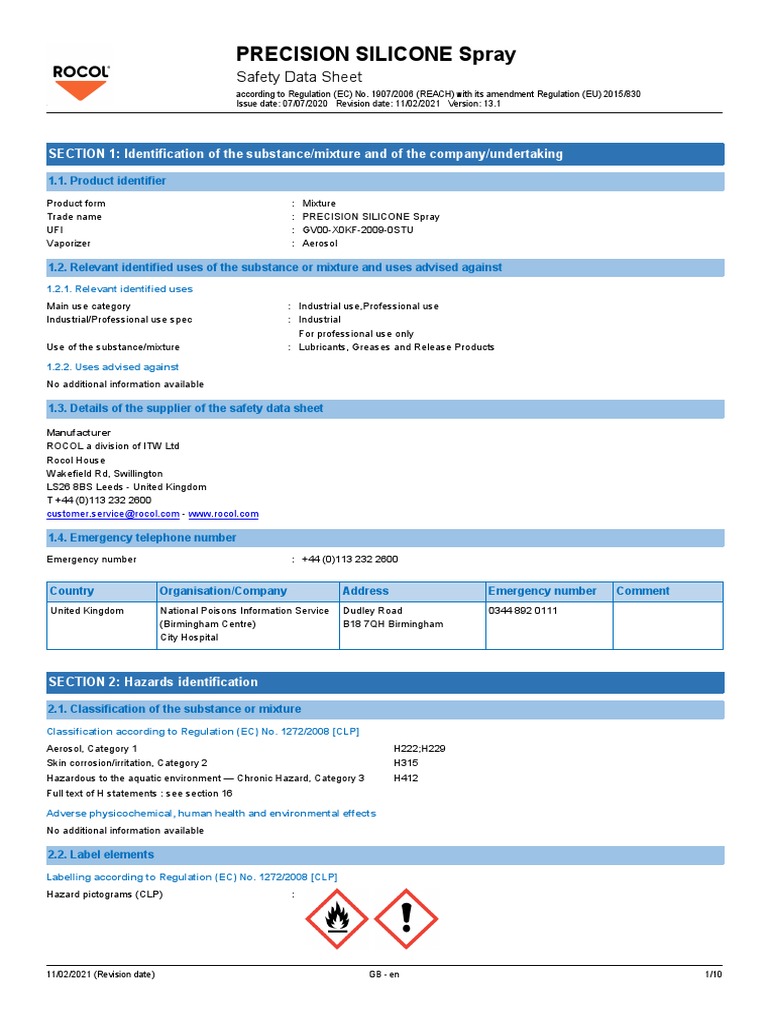 Precision Silicone Spray: Safety Data Sheet | PDF | Dangerous Goods ...