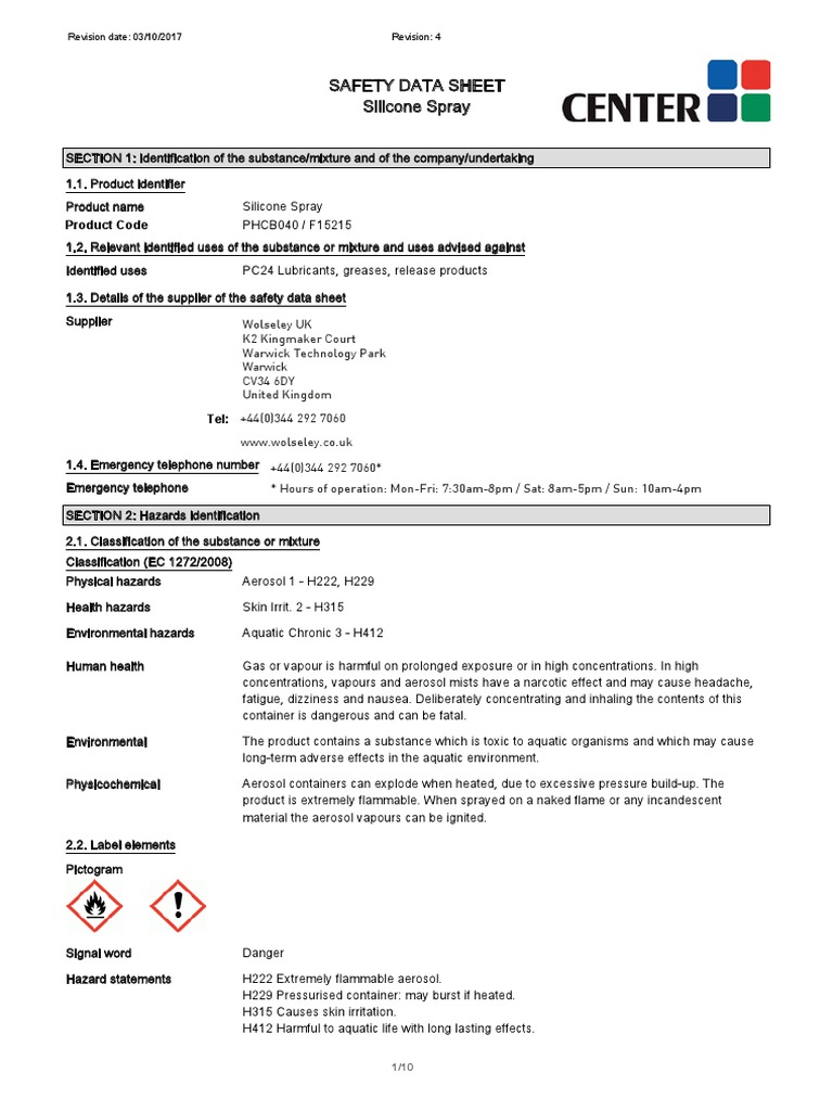 Safety Data Sheet Silicone Spray: Product Code | PDF | Dangerous Goods ...
