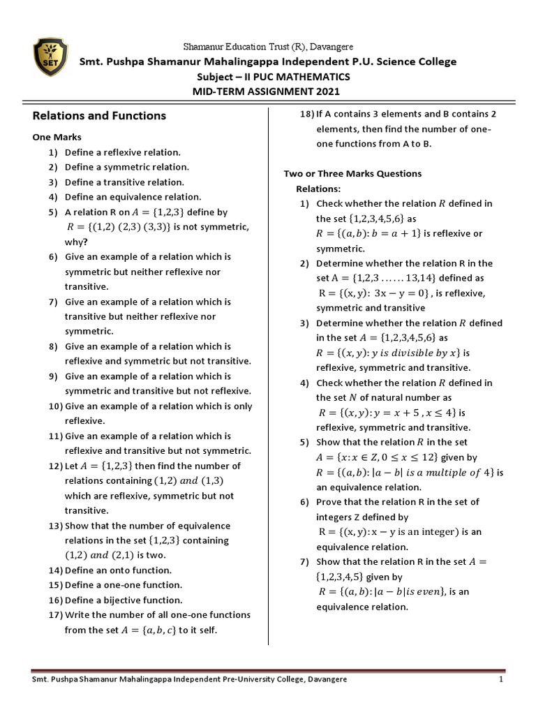 Relations and Functions: Smt. Pushpa Shamanur Mahalingappa Independent P.U. Science College ...