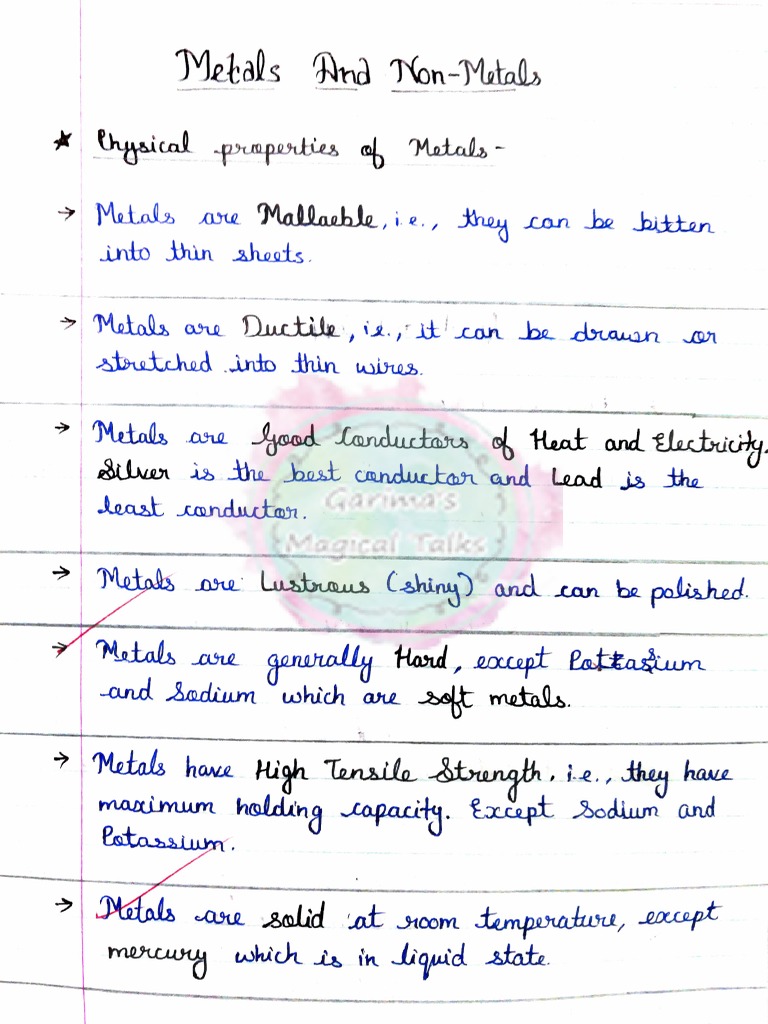 NOTES Metals and Non Metals | PDF | Metals | Metallic Elements