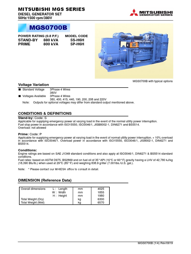 MITSUBISHI MGS SERIES DIESEL GENERATOR SET SPECS | PDF | Electric ...