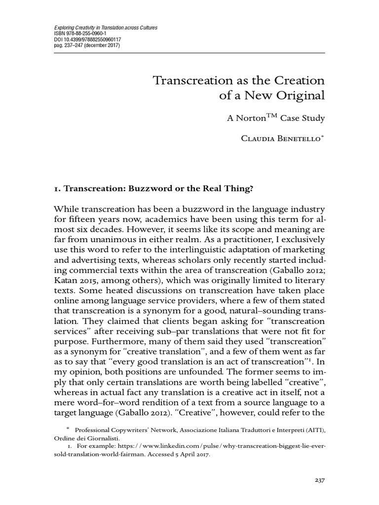 Transcreation As The Creation of A New Original. Exploring Creativity ...