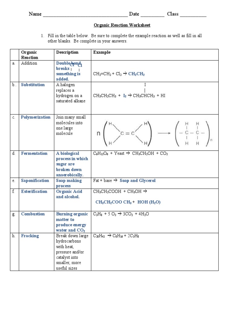 Organic Reaction Worksheet - Answer Key | PDF | Ethylene | Polyethylene
