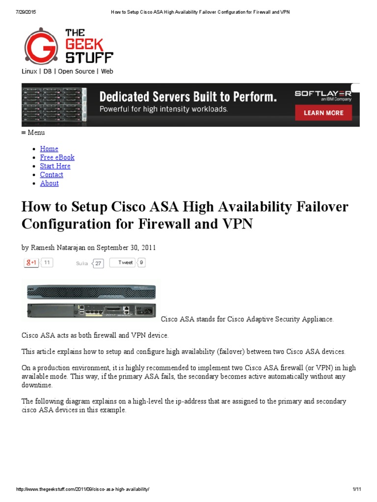 How To Setup Cisco ASA High Availability Failover Configuration For Firewall and VPN | PDF