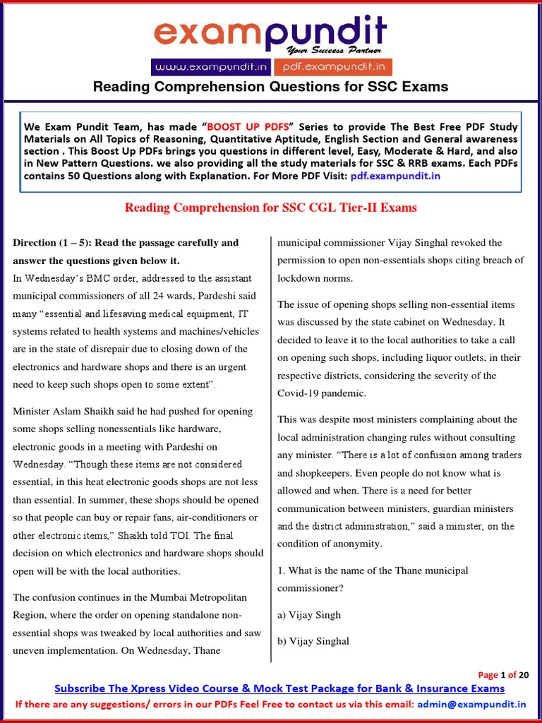 Reading Comprehension Questions For SSC CGL Tier II Exams | PDF | Health Sciences
