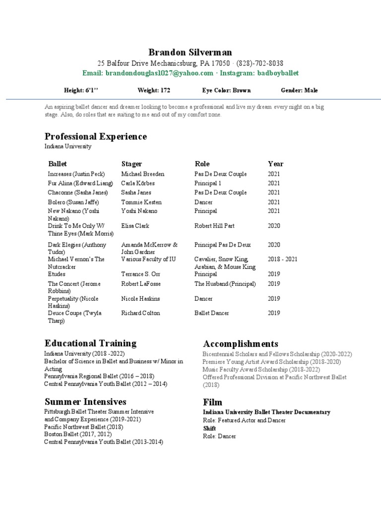 Brandon Silverman's Ballet Resume | PDF | Ballet | Dances