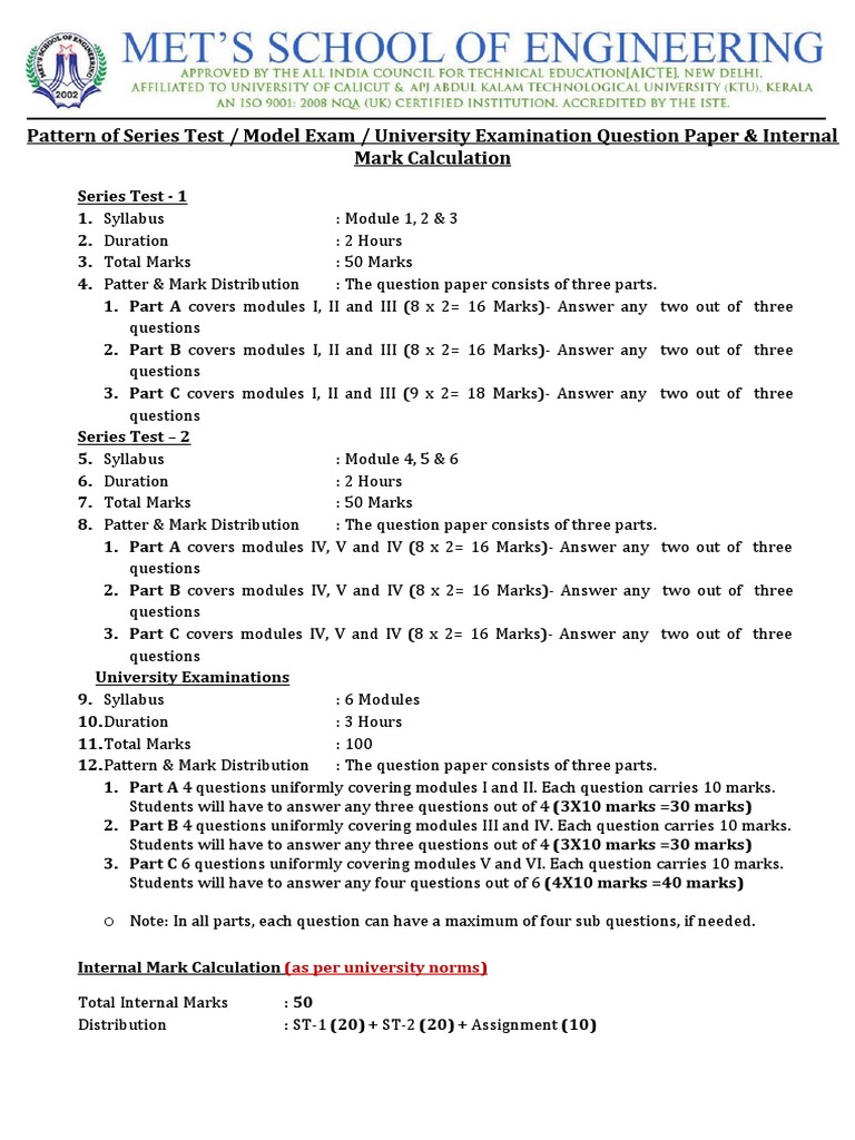 Pattern of Series Test / Model Exam / University Examination Question ...