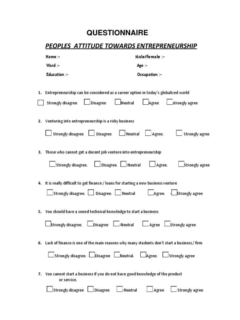 Peoples Attitude Towards Entrepreneurship: Questionnaire | PDF ...
