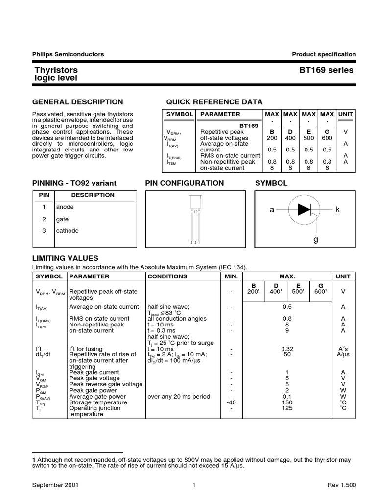 Thyristors BT169 Series Logic Level: General Description Quick ...