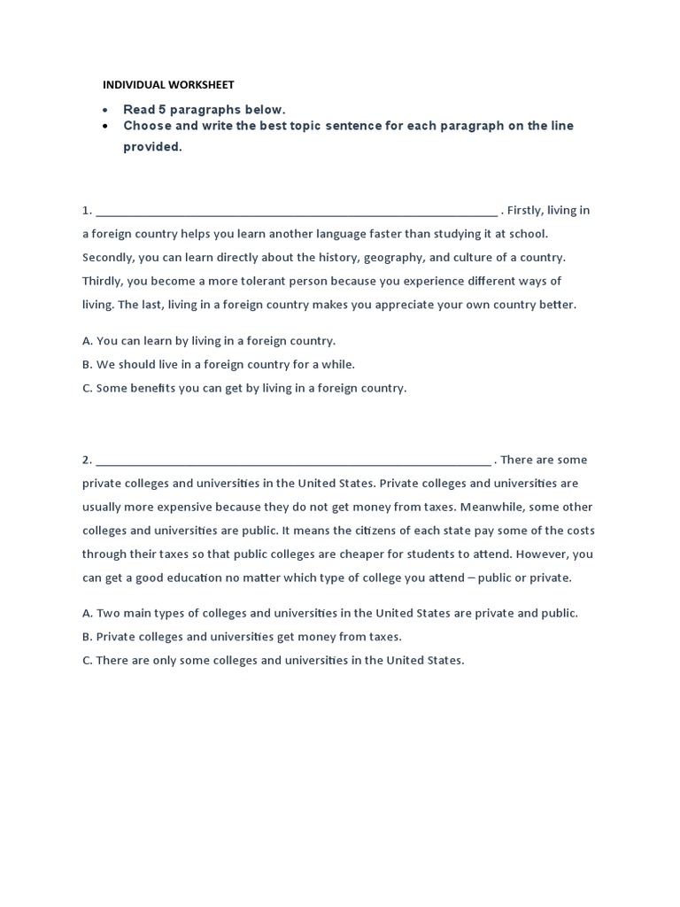 Choose and Write The Best Topic Sentence For Each Paragraph On The Line ...