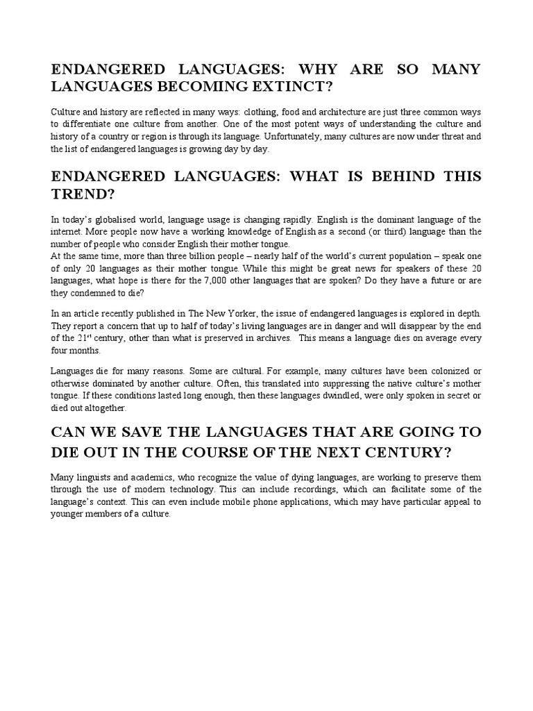Endangered Languages: Why Are So Many Languages Becoming Extinct? | PDF