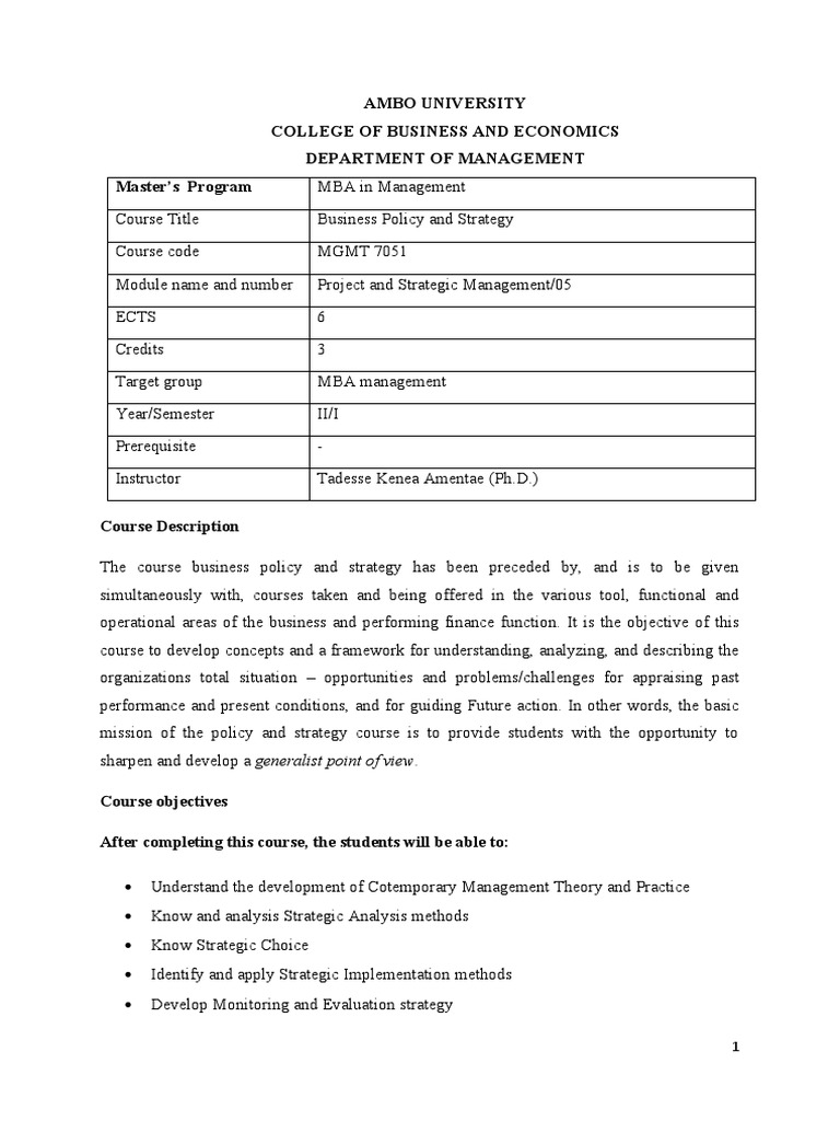 Ambo University College of Business and Economics Department of ...