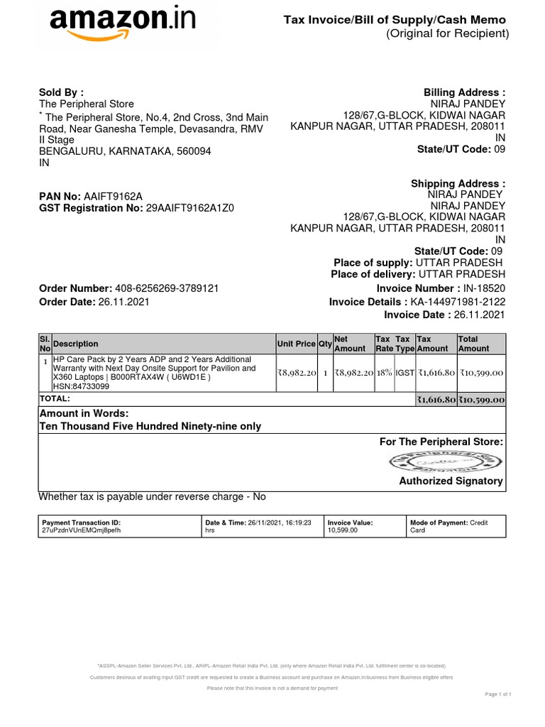 Tax Invoice/Bill of Supply/Cash Memo: (Original For Recipient) | PDF ...