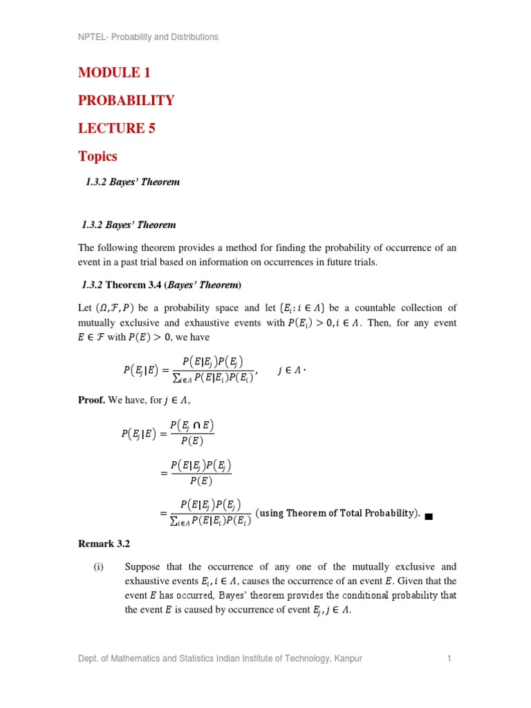 NPTEL Bayes' Theorem Module | PDF | Probability | Theorem