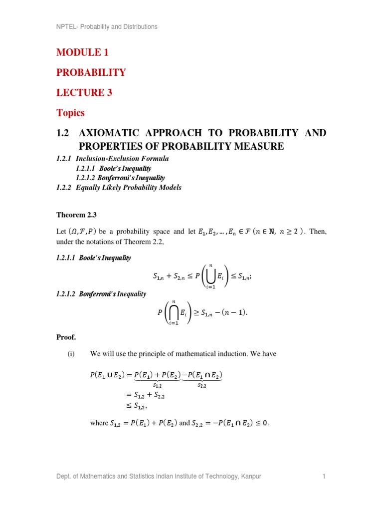 Probability Topics: 1.2 Axiomatic Approach To Probability and Properties of Probability Measure ...