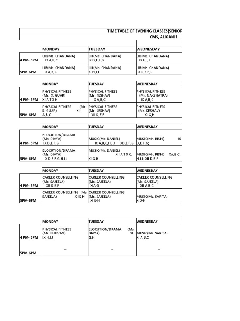 CMS, Aliganj Evening Class Timetable for Senior Section 2021-2022 | PDF