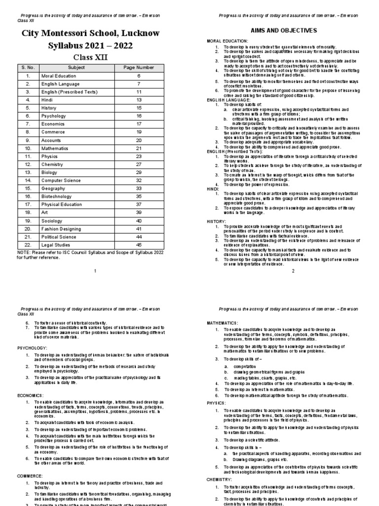 City Montessori School, Lucknow Class XII Syllabus 2021-2022 | PDF ...