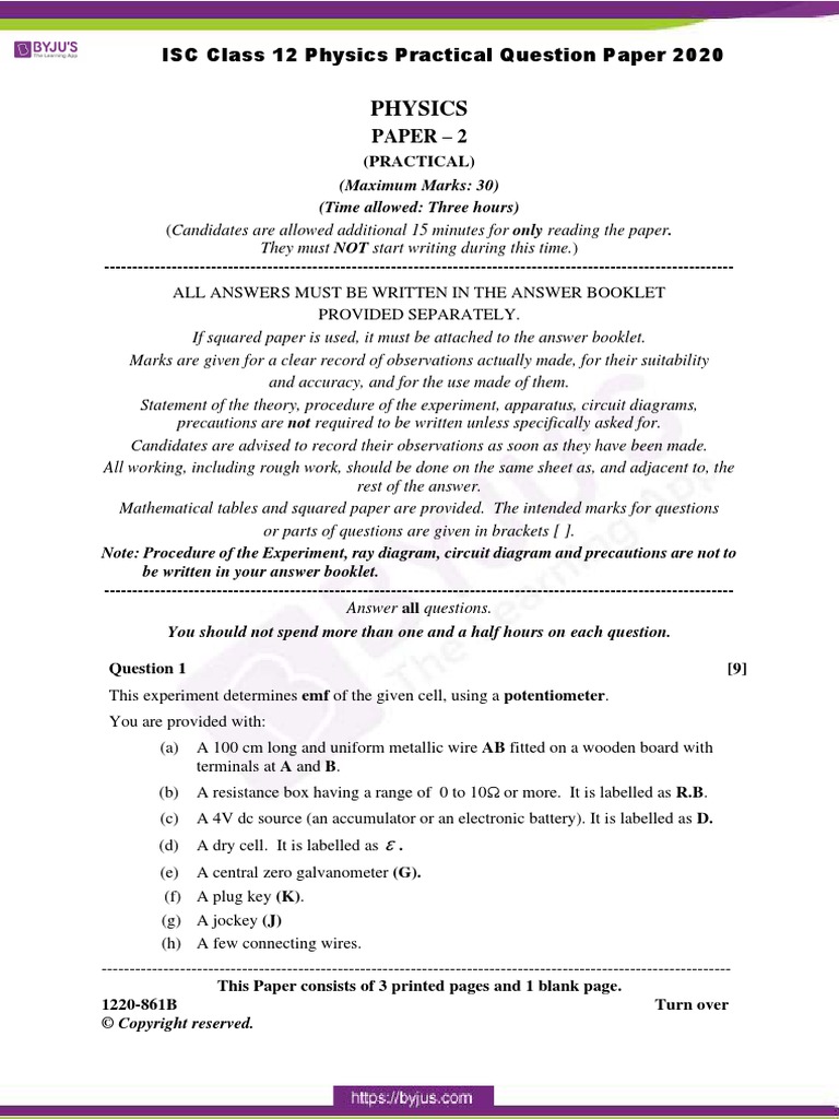 ISC Class 12 Physics Practical Question Paper 2020 | PDF | Optics ...