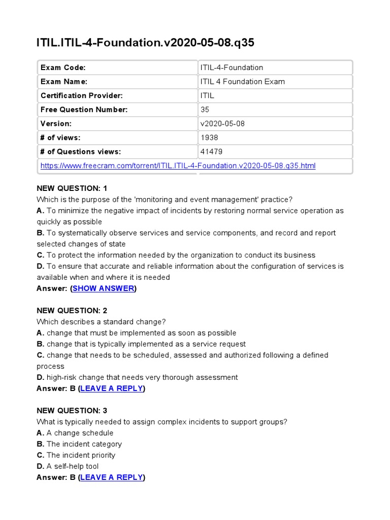 ITIL - ITIL 4 Foundation.v2020 05 08.q35 | PDF | It Service Management ...