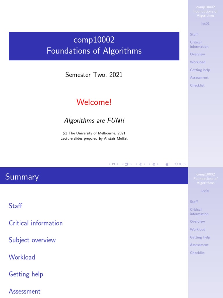 Comp10002 Foundations of Algorithms: Welcome! | PDF | Computer Programming | Lecture