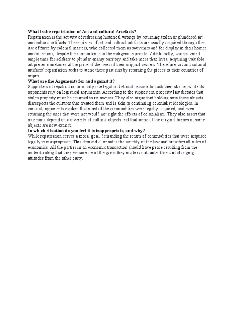 What Is The Repatriation of Art and Cultural Artefacts | PDF