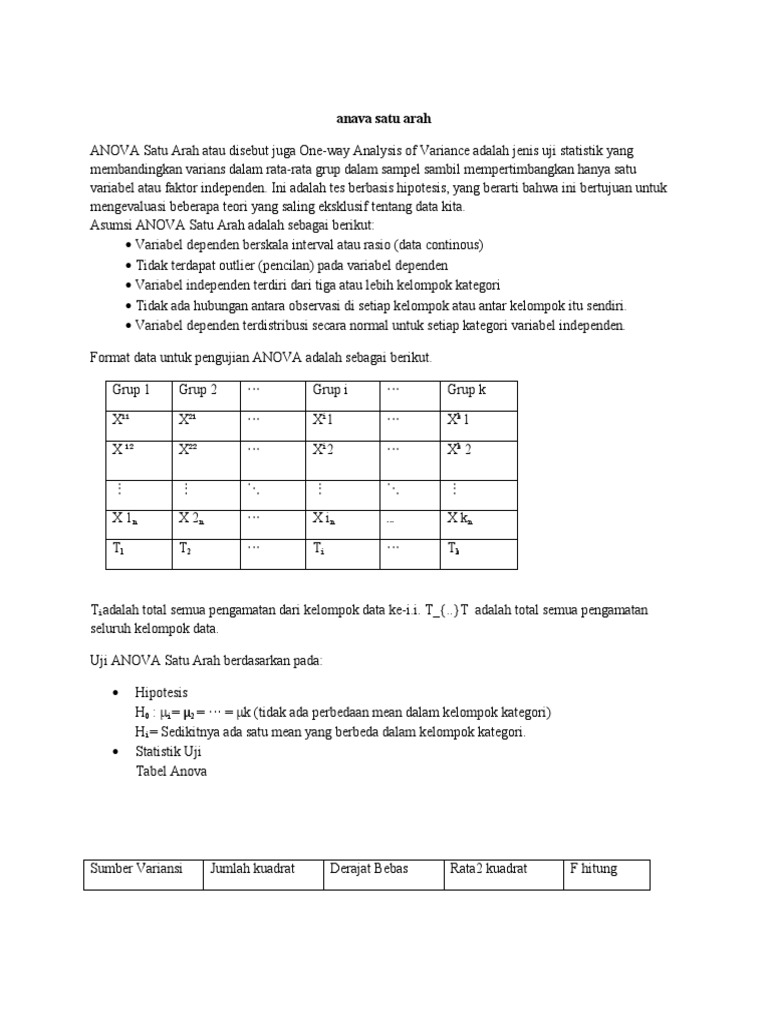 Analisis Variansi Satu Arah (ANOVA Satu Arah) | PDF