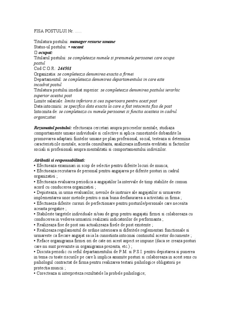 Fisa Postului Manager Resurse Umane