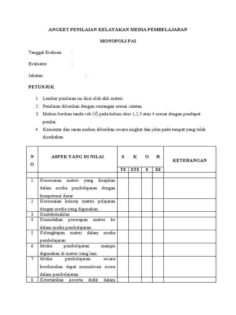 Angket Penilaian Kelayakan Media Pembelajaran | PDF