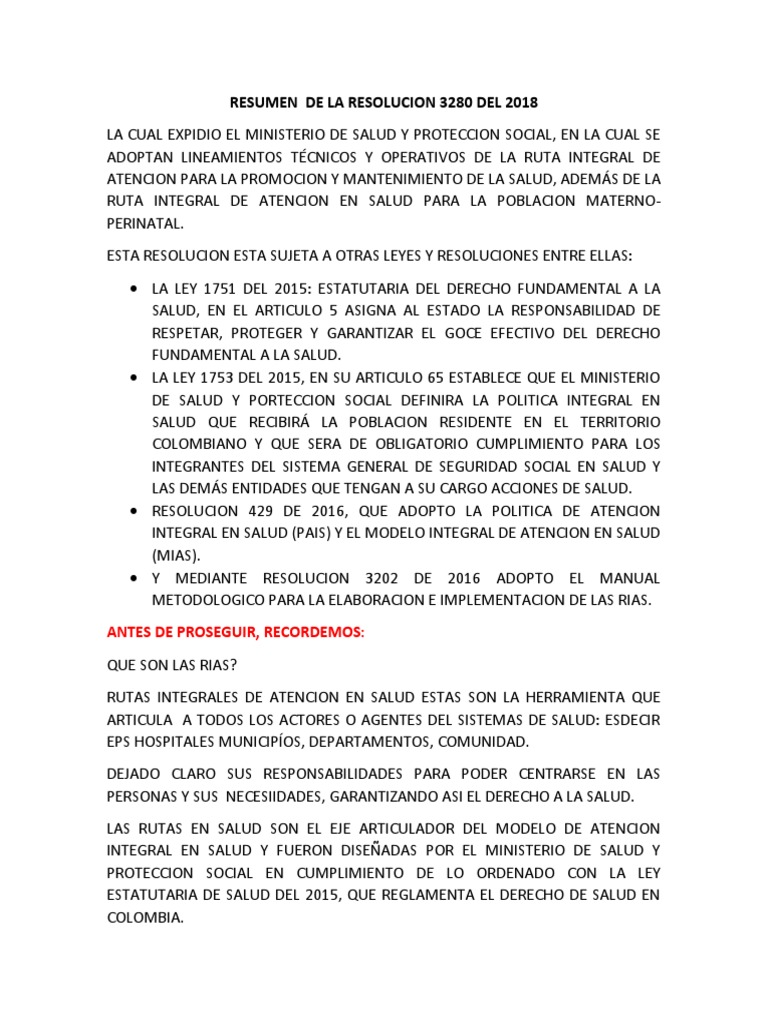 Resumen de La Resolucion 3280 Del 2018 | PDF | Ciencias de la Salud