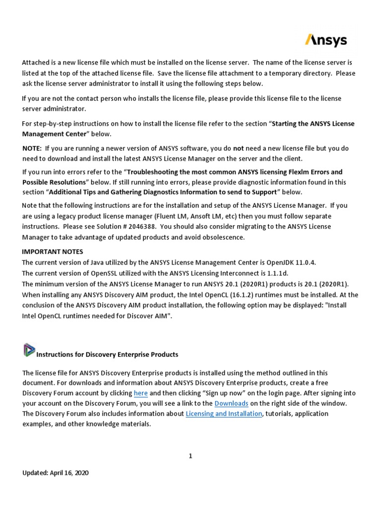 Instructions for Installing a New ANSYS License File and Troubleshooting Licensing Errors | PDF ...