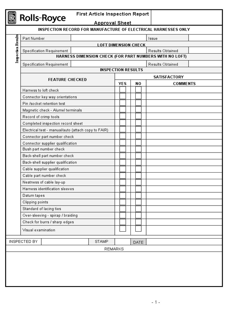 First Article Inspection Report Approval Sheet: Inspection Record For ...